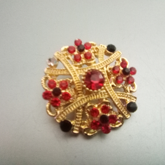 Jewelry | Gold Plated Red Rhinestone Flower Brooch Lapel Pin Sparkling ...